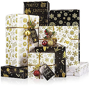 Rancco Christmas Wrapping Paper w/ 4 Pcs Gift Tag Stickers, 6 Metallic Glossy Gift Wrapping Paper w/Snowflake, Candy Cane, Christmas Trees, Happy New Year Pattern for Xmas Gift Wrap, 27.6x19.7/sheet