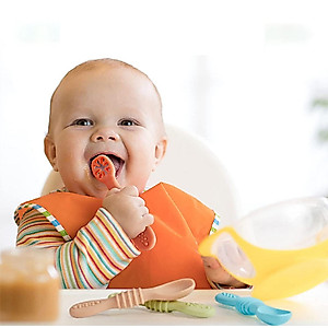 JuLe Self Feeding Baby Spoon Set (NEW Pre-Stage 1 + Stage 1) Silicon, Infant, Toddler, Weaning (Sage/Duckling, Set of 4)