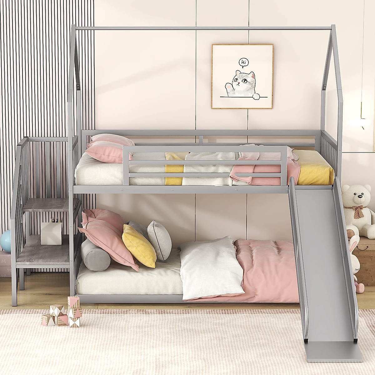Harper & Bright Designs Twin Over Twin Metal Bunk Bed with Slide and Stairs, Low Bunk House Bed for Kids, Floor Bunk Bed, Modern Style Heavy-Duty Steel Frame (Silver)