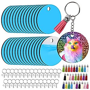 HTVRONT Sublimation Keychain Blanks Bulk - 120Pcs Sublimation Blanks Keychain with Blue Protective Film - MDF Round Keychain with Tassels - Heat Transfer Keychain Blanks Double Sided