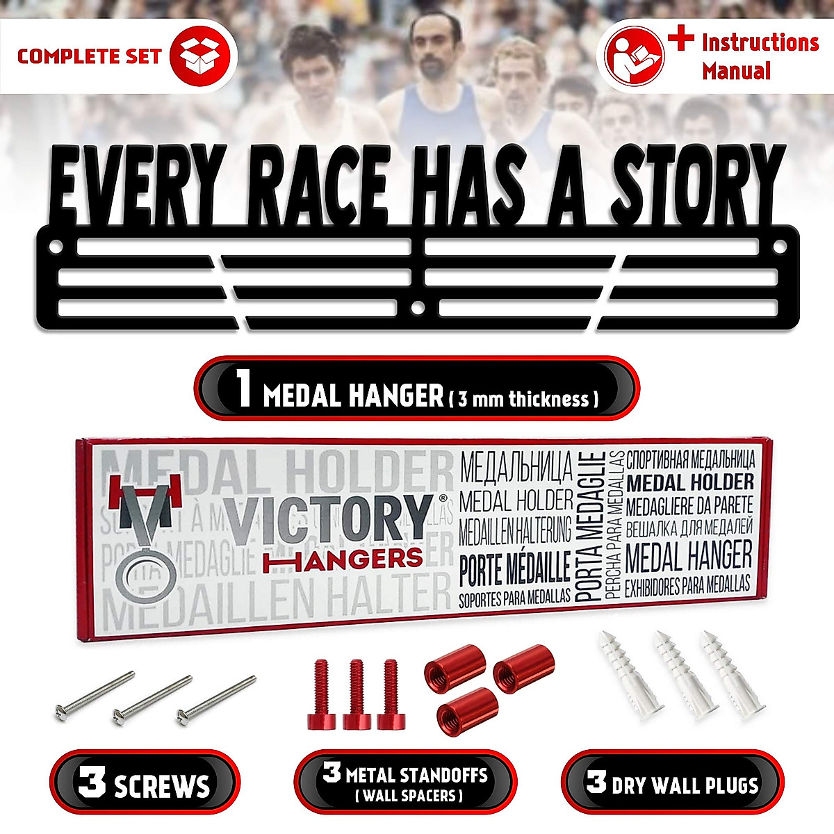 VICTORY HANGERS Evey Race Has a Story Medal Holder Display Rack - 3 Bars Black Coated 3 mm Steel Metal Hanger with Wall Mount Standoffs - 18 Inch Wide Holds 60 Medals or More