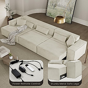 POVISON Smart 128.35" Power Modern Sofa Bed Oversized Large Sleeper Sectional Sofa Bed Convertible Couch Bed for Living Room Electric Pull Out with Deep Seat Comfy Velvet Beige Sofa