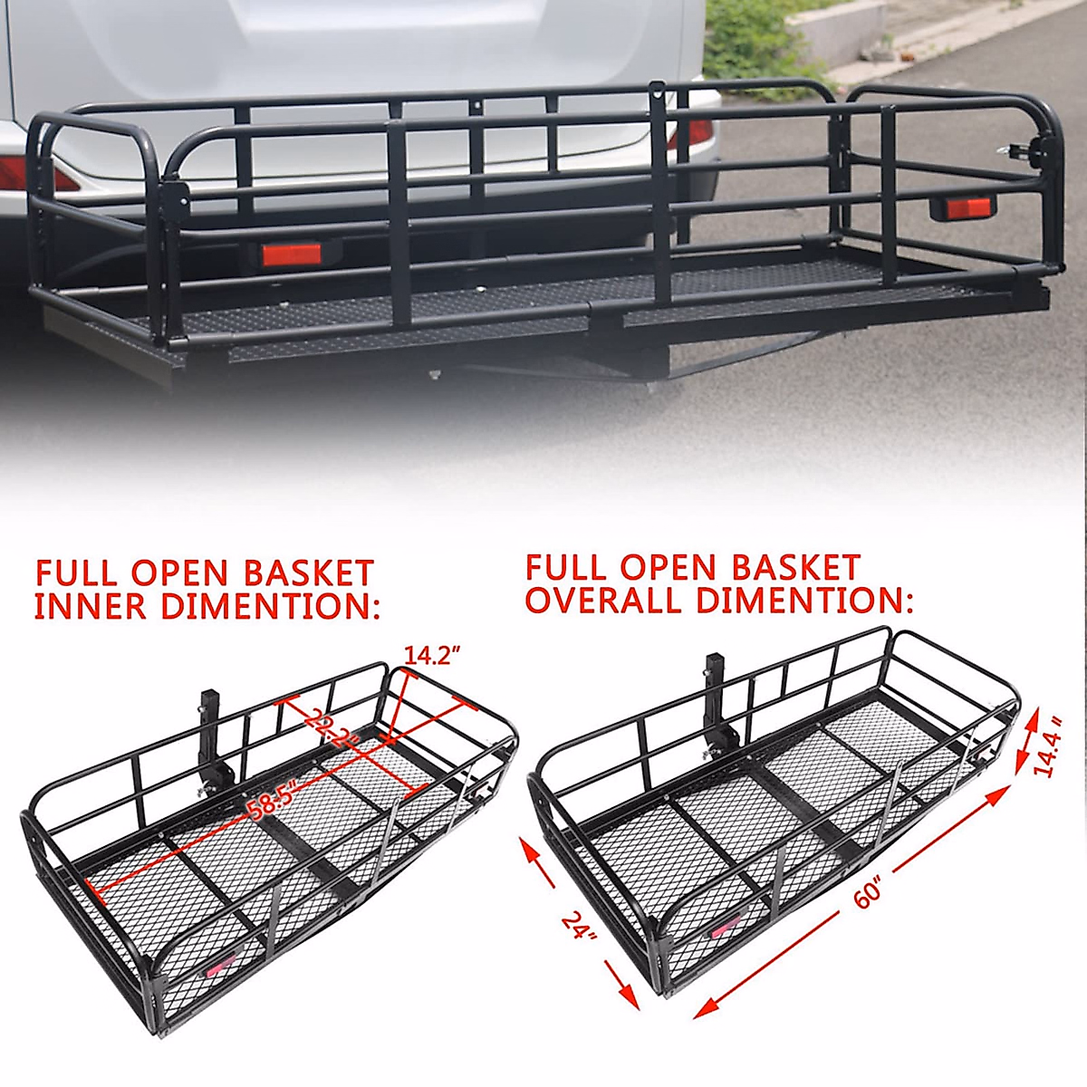 OKLEAD 500 Lbs Heavy Duty Hitch Mount Cargo Carrier 60" x 24" x 14.4" Folding Cargo Rack Rear Luggage Basket Fits 2" Receiver for Car SUV Camping Traveling
