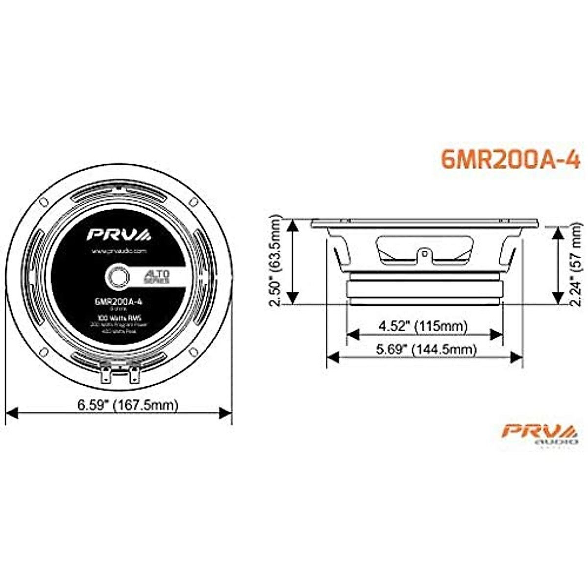 PRV AUDIO 6.5 Inch Shallow Midrange Speaker, 6MR200A-4, 200 Watts Program Power, 4 Ohm Shallow Mount Car Audio Slim Speaker, 1.5 in Voice Coil, 100 Watts RMS, Compact for Doors (Single)