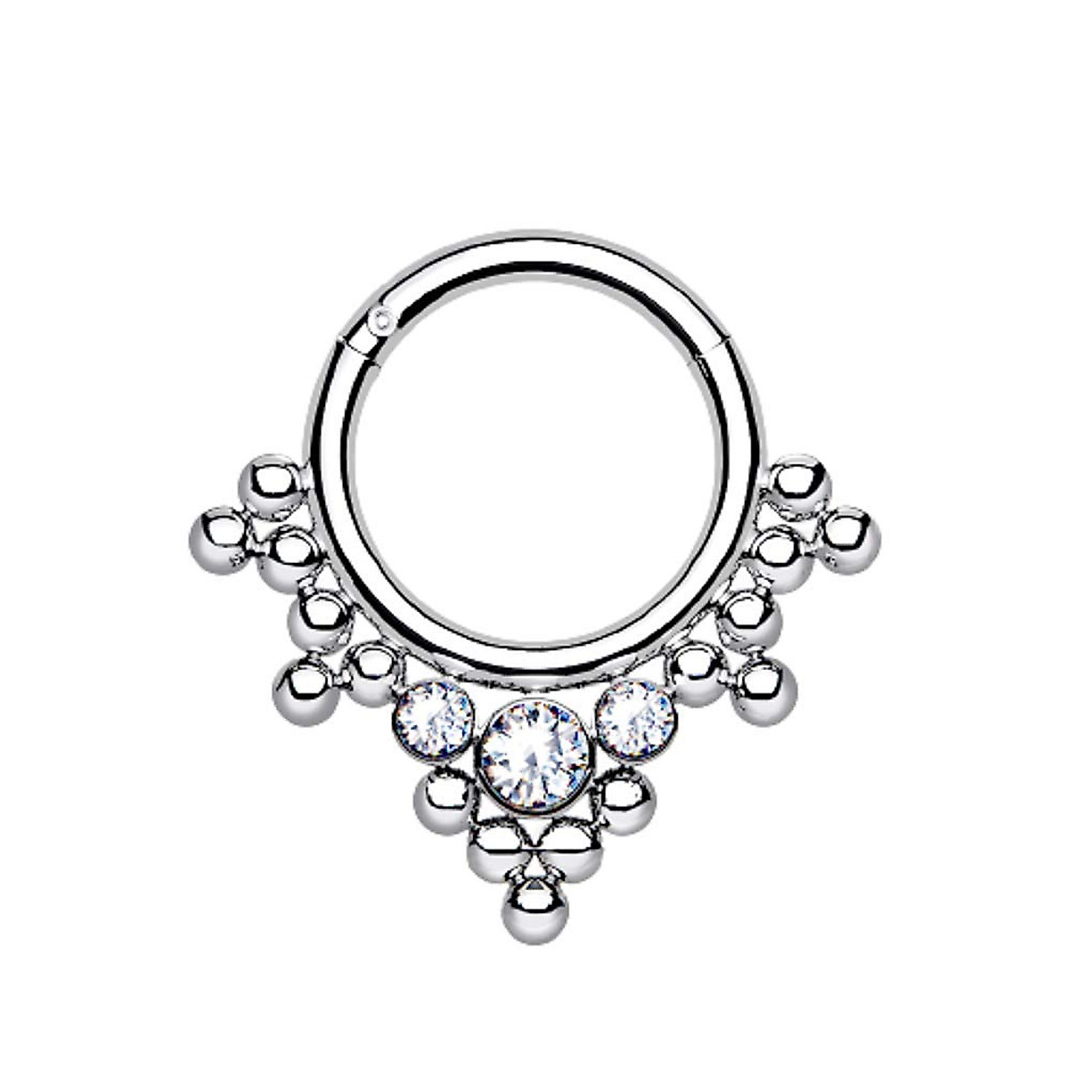 Pierced Owl 16GA G23 Implant Grade Titanium Triple CZ Crystal and Ball Cluster Lined Hoop Cartilage Helix Daith Septum Hinged Segment Ring (8mm Diameter)