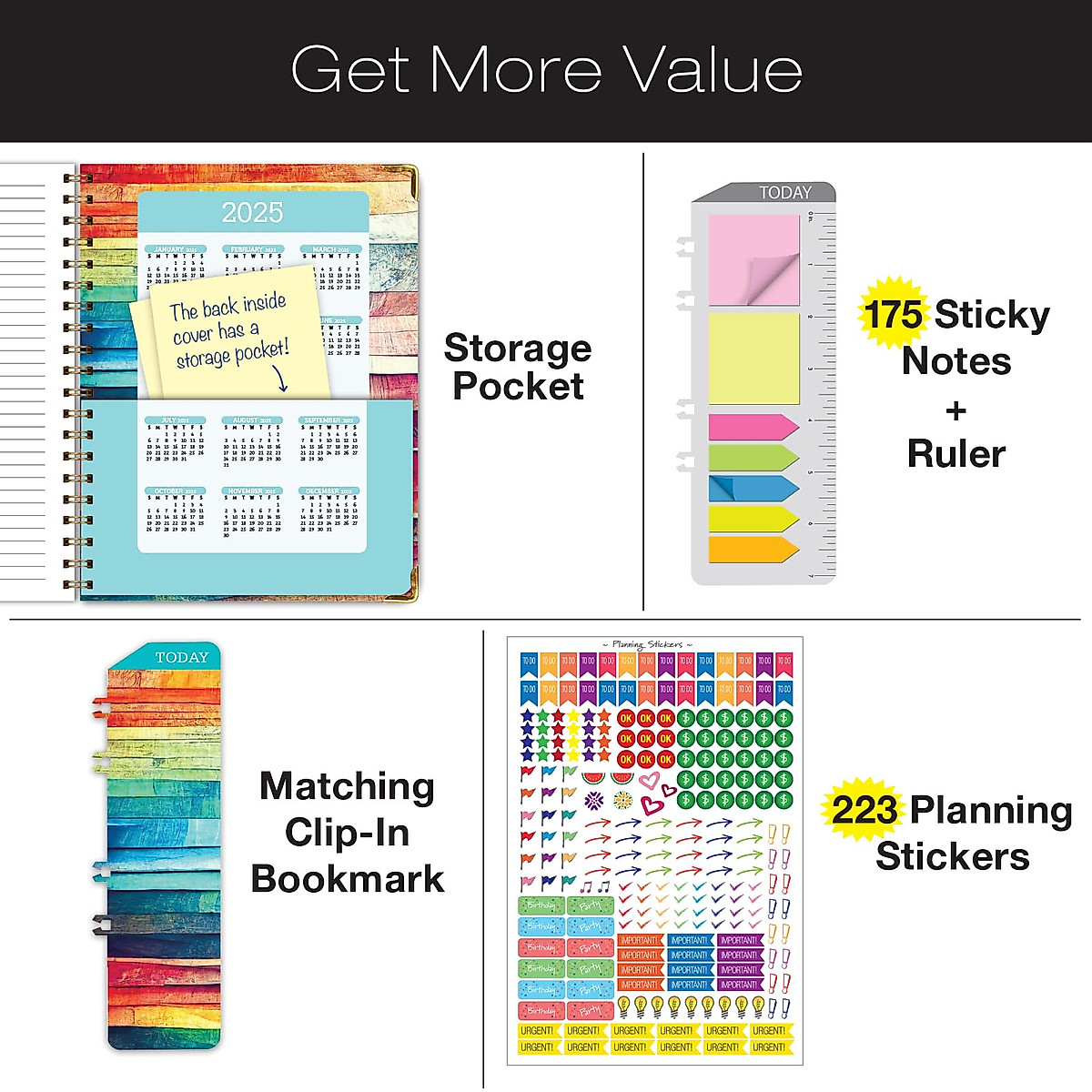 Global Printed Products, HARDCOVER 2024 Planner: (November 2023 Through December 2024) 8.5"x11" Daily Weekly Monthly Planner Yearly Agenda Bookmark, Pocket Folder & Sticky Note Set (Rainbow Oak)