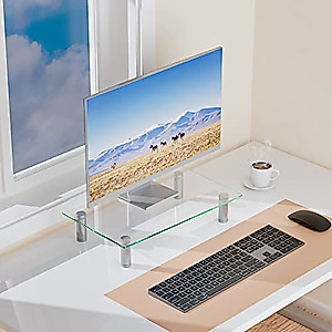 WALI Rectangular Tempered Glass Monitor Riser Desktop Stand Height Adjustable Table Top for Flat Screen LCD LED TV, Laptop, Notebook, Display (GTT001), 16 X 10 inch, Clear