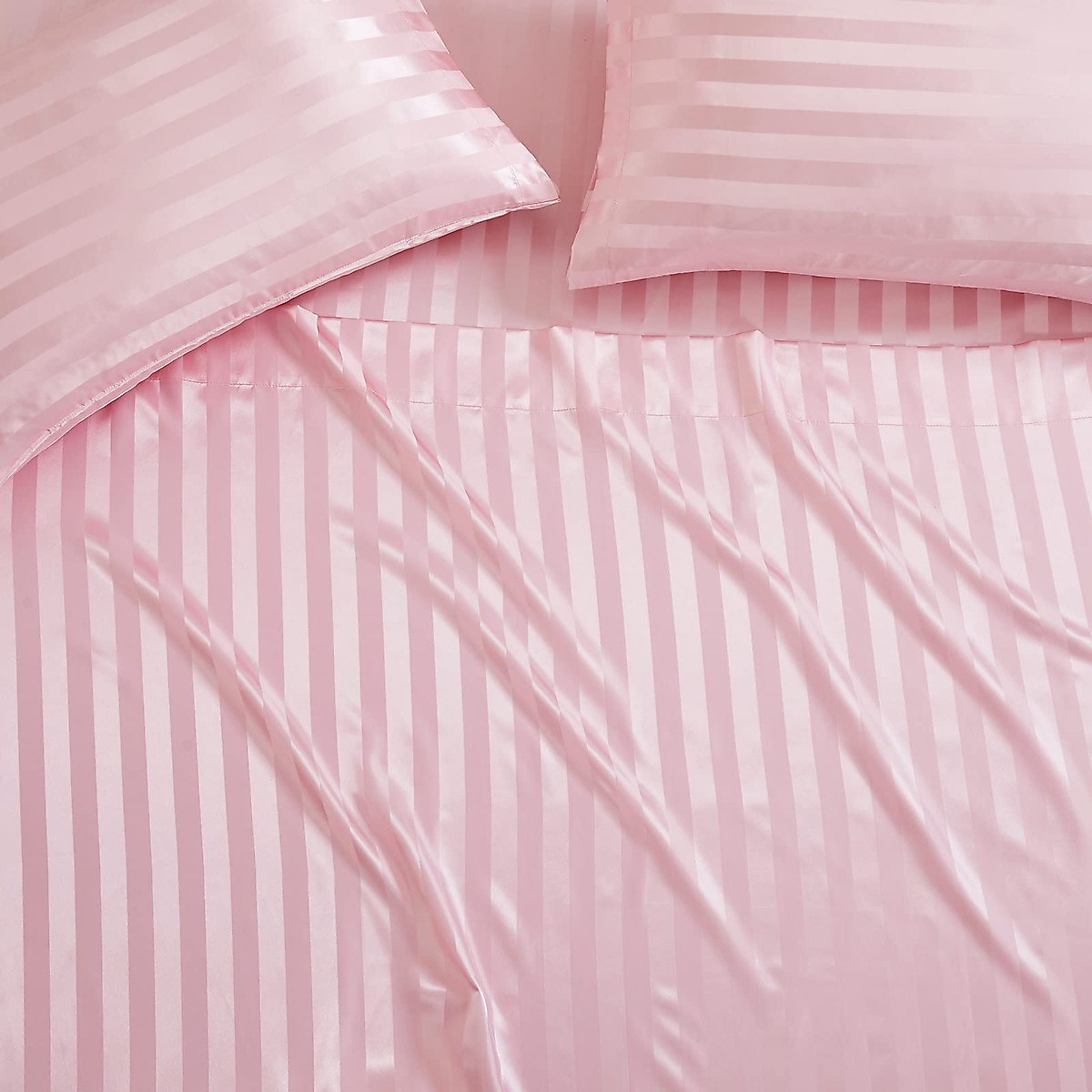 P Pothuiny Queen Satin Bed Linen Set, 6 Pieces Blush Pink Striped, Luxury Bedding with 1 Fitted Sheet, 1 Flat Sheet, 4 Pillowcases