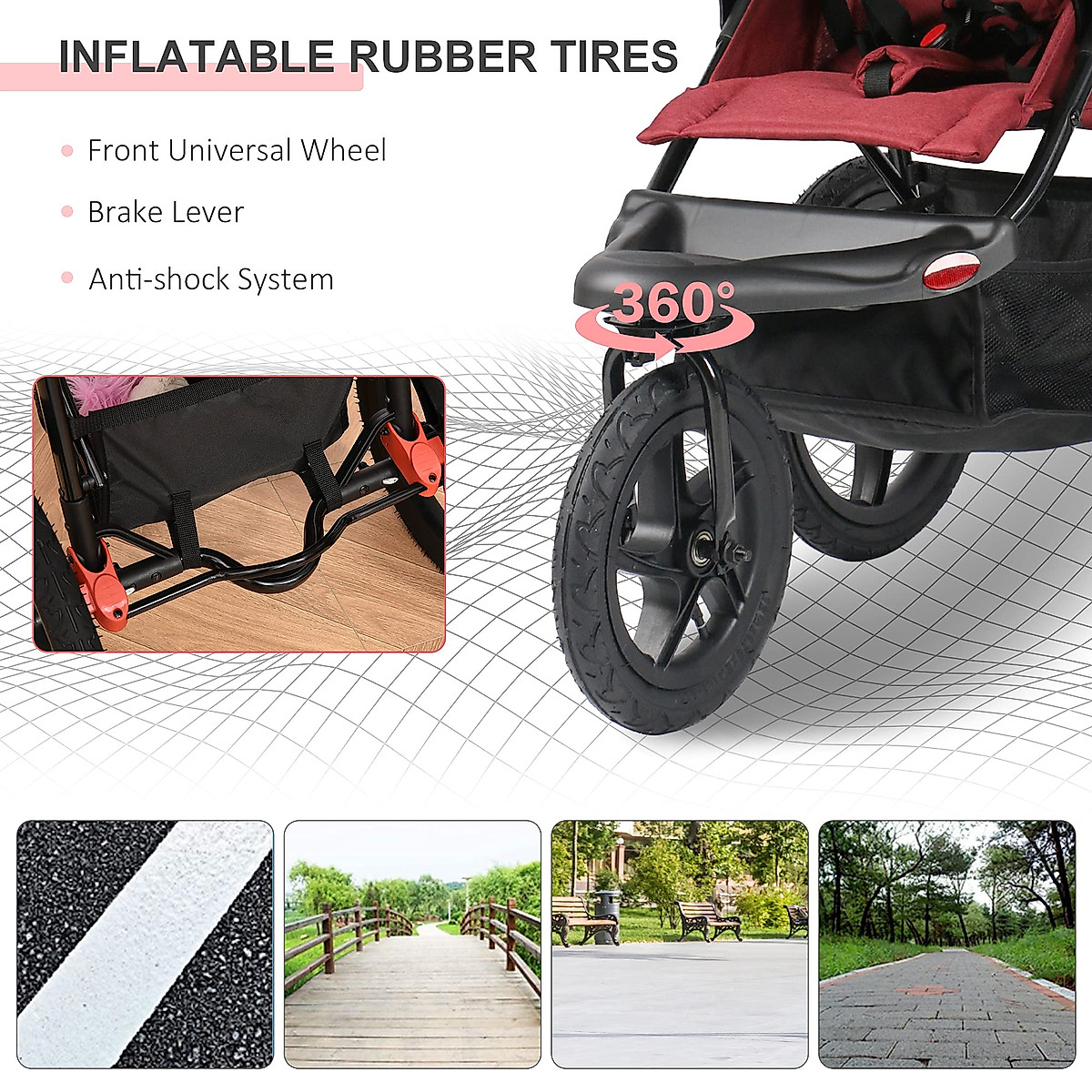 Qaba Baby Stroller Foldable Carriage for Toddler with Adjustable Backrest and Canopy Suspension System Rubber Tire 5-Point Harness Cup Holder Storage Basket Red