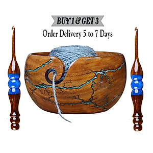 ASIF HANDICRAFTS 7x4 Inch Extra Large Handcrafted Wooden Yarn Bowl for Knitting and Crocheting: Fractal Burn Design Yarn Storage Bowl with Free Resin Crochet Hook