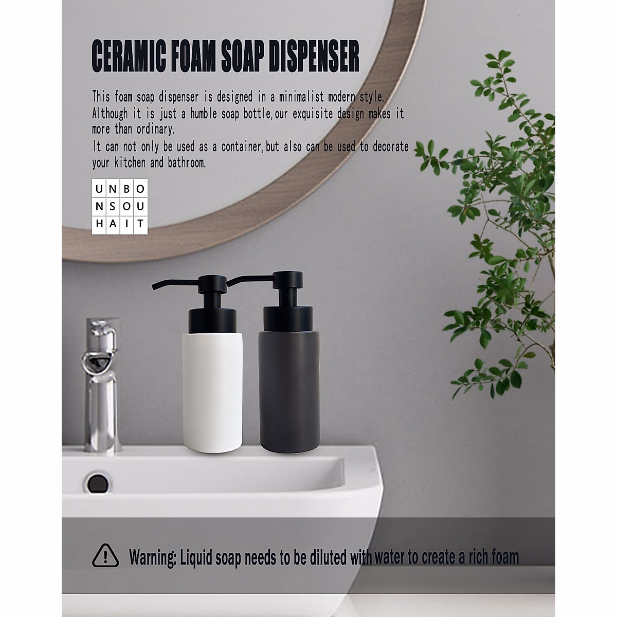 UNBONSOUHAIT 9.5 Oz Foaming Soap Dispenser for Bathroom,Kitchen Foam Soap Dispenser,Refillable Modern Foam Pump Bottle,Black Ceramic Foaming Hand Pump Dispenser (White)