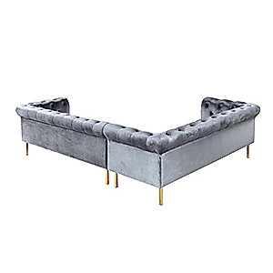 Iconic Home Giovanni Right Facing Sectional Sofa L Shape Velvet Upholstered Button Tufted Roll Arm Design Solid Gold Tone Metal Legs Modern Transitional Navy Grey