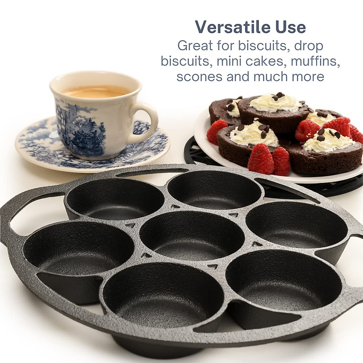 KUHA Biscuit Pan - Pre-Seasoned Cast Iron Skillet for Baking Biscuits, Muffins, Mini Cakes - with Silicone Trivet