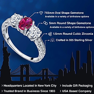 Gem Stone King 2.52 Cttw 925 Sterling Silver Red Created Ruby 3-Stone Engagement Ring | Oval 7X5MM & Round 5MM | 3 Stone Wedding Anniversary Promise Ring For Women (Size 6)