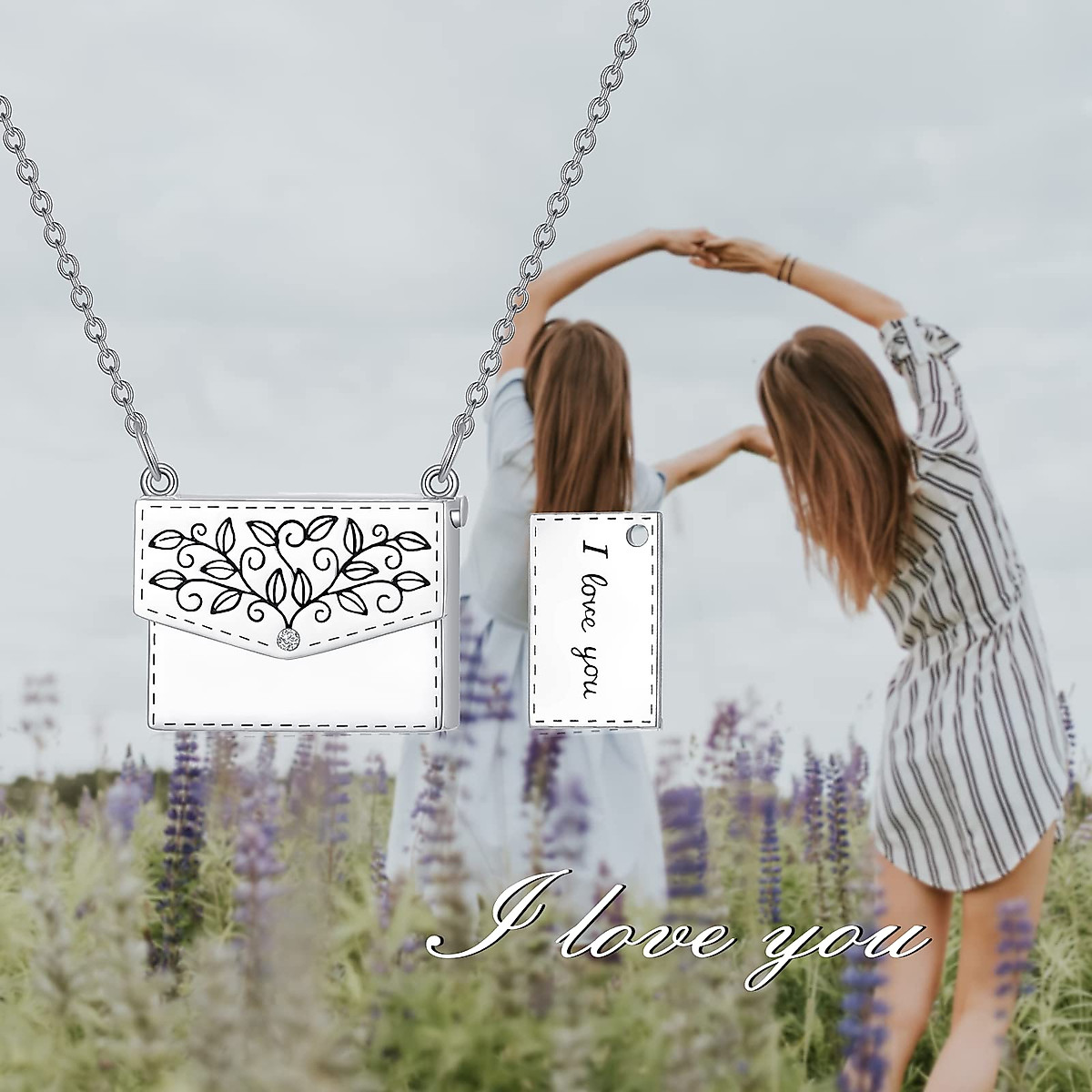 AOBOCO Sterling Silver I love You Envelope Necklace Embellished with Crystals from Austria,hypoallergenic Message Pendant jewelry, Anniversary Birthday Gifts Present for Women