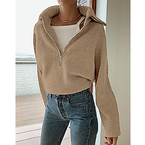 BTFBM Women's Long Sleeve V-Neck Pullover Sweater Casual Fall Winter Collar Ribbed Knit Loose Slouchy Jumper Sweaters(Solid Light Khaki, Large)