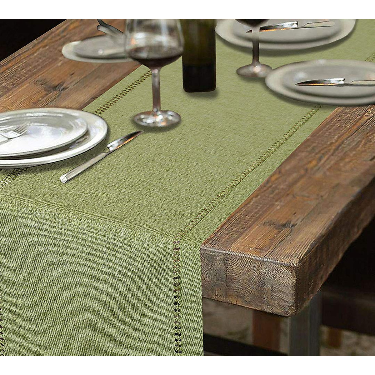 Grelucgo Small Handcrafted Solid Color Dining Table Runner, Dresser Scarf, Double-Hemstitched (Sage Green, 14 x 36)