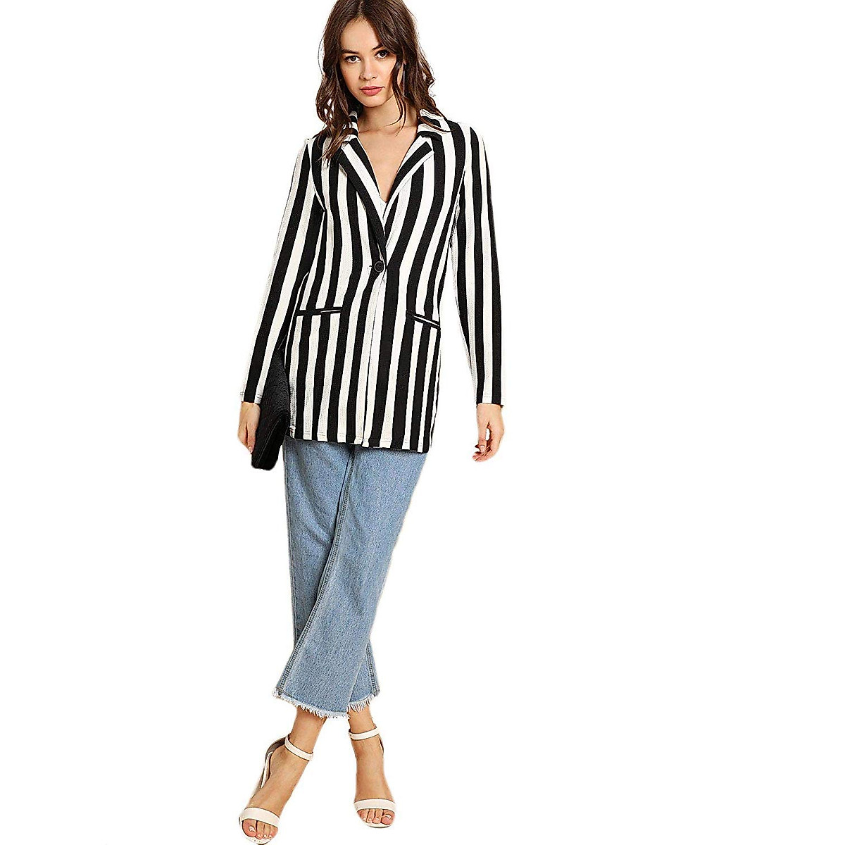 Floerns Women's Casual Work Office Open Front Striped Blazer Black White XL