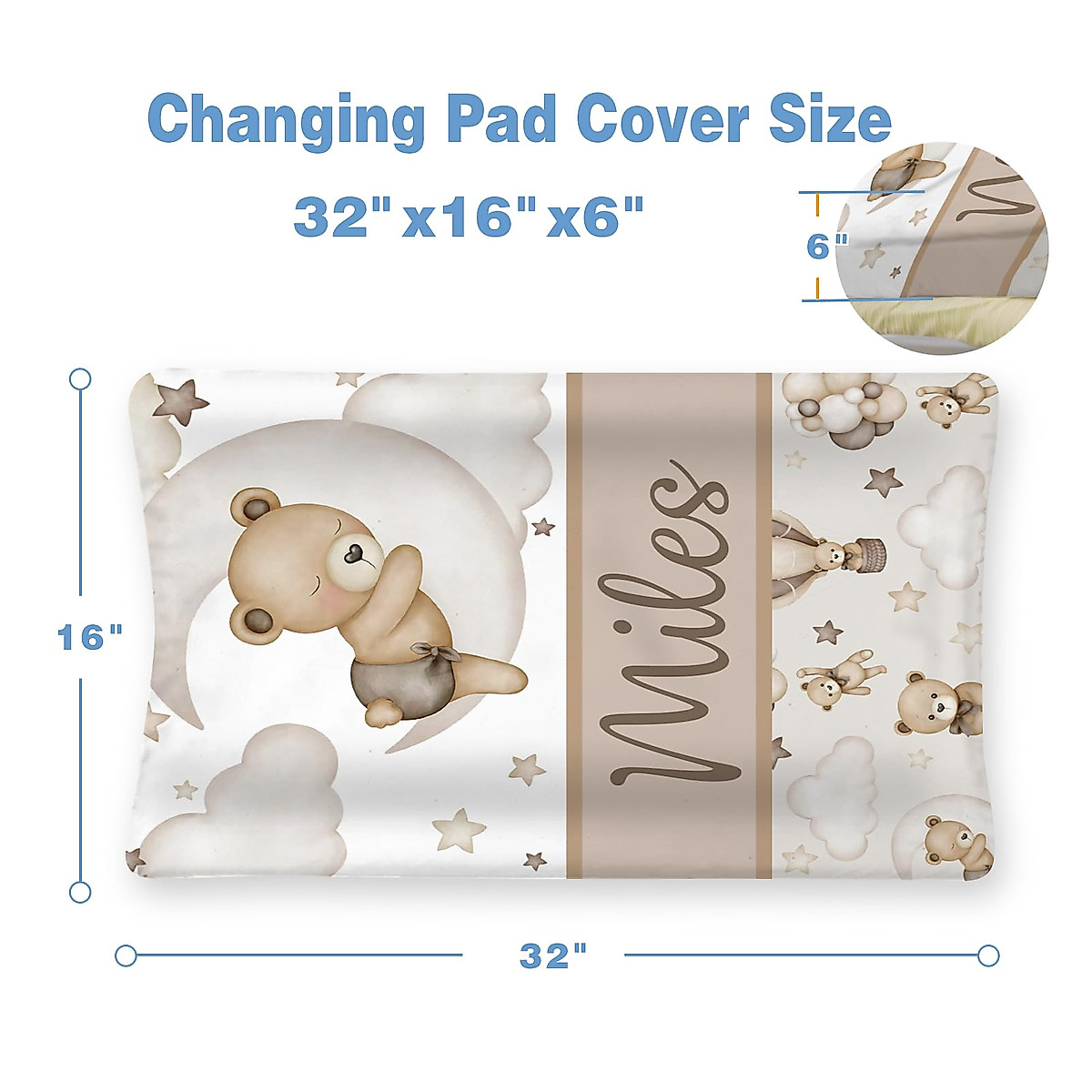 Personalized Bassinet Sheet Set 2 Pack for Baby, Custom Bassinet Mattress Sheets with Name, Universal Fitted for Various Cradle Mattress Pad, Blue & Brown Bear Bassinet Sheets for Boys (16" x 32")