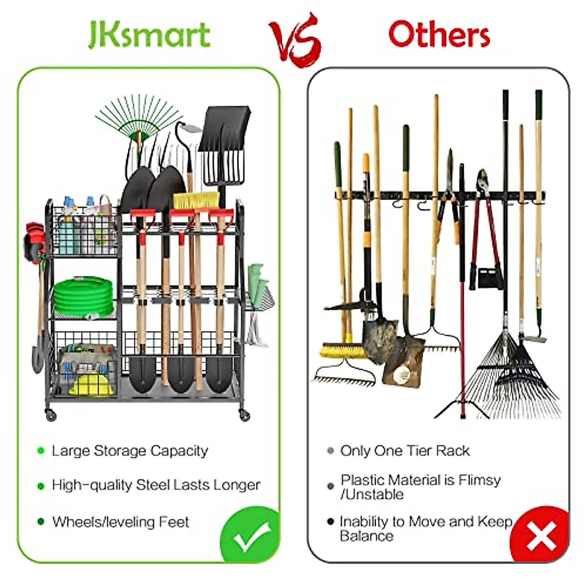 JKsmart Garden Tool Organizer for Garage, Large Utility Yard Tool Organizers and Storage Holder with Wheels, 3 Tier Garden Tool Rack with Extra Storage Basket for Garden/Garage/Shed/Basement