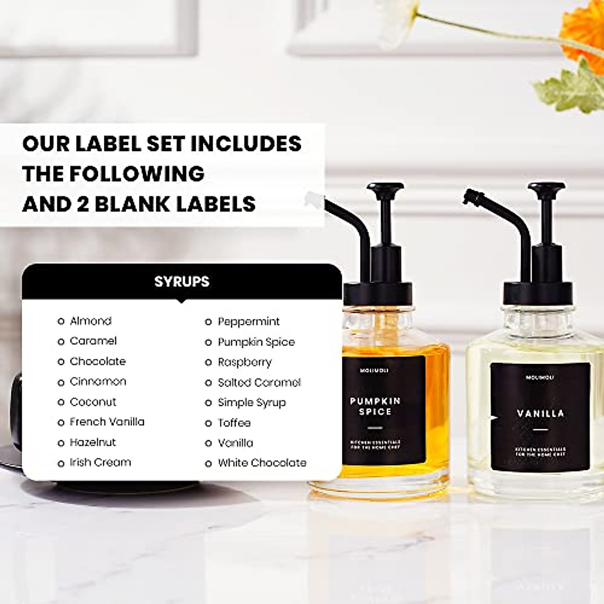 Molimoli Coffee Syrup Dispenser for Coffee Bar, Coffee Pump Dispenser, Glass Syrup Bottle w. Pump, 11.8 oz 350 ml, Set of 2, Black Upgraded Pump