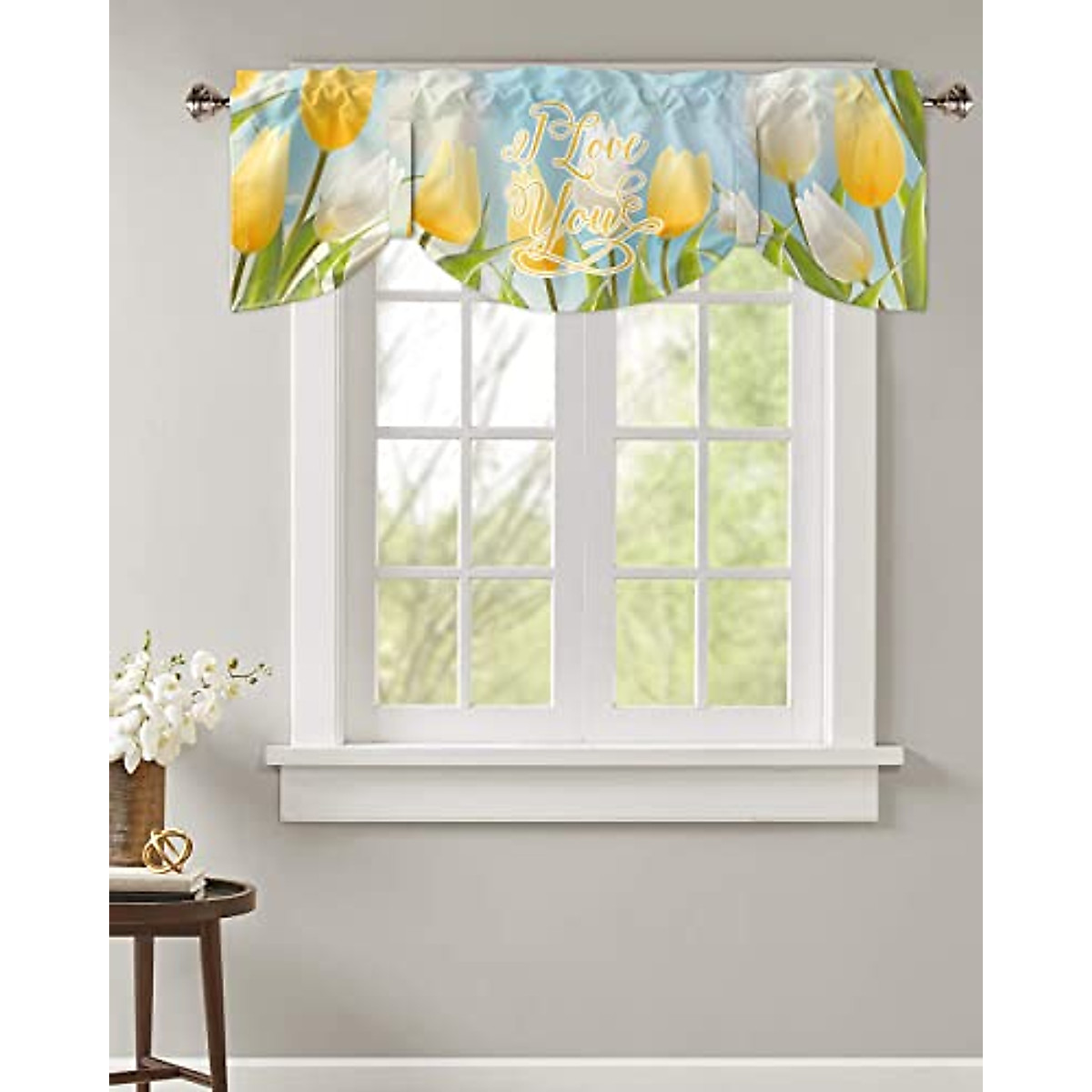 Sabolny Tulip Floral Tie Up Valance Curtain for Kitchen Living Room Bedroom Bathroom Cafe, Rod Pocket Small Short Window Drape Panel Adjustable Drapary Print, Spring Gold White Flower Bow 60"x18"