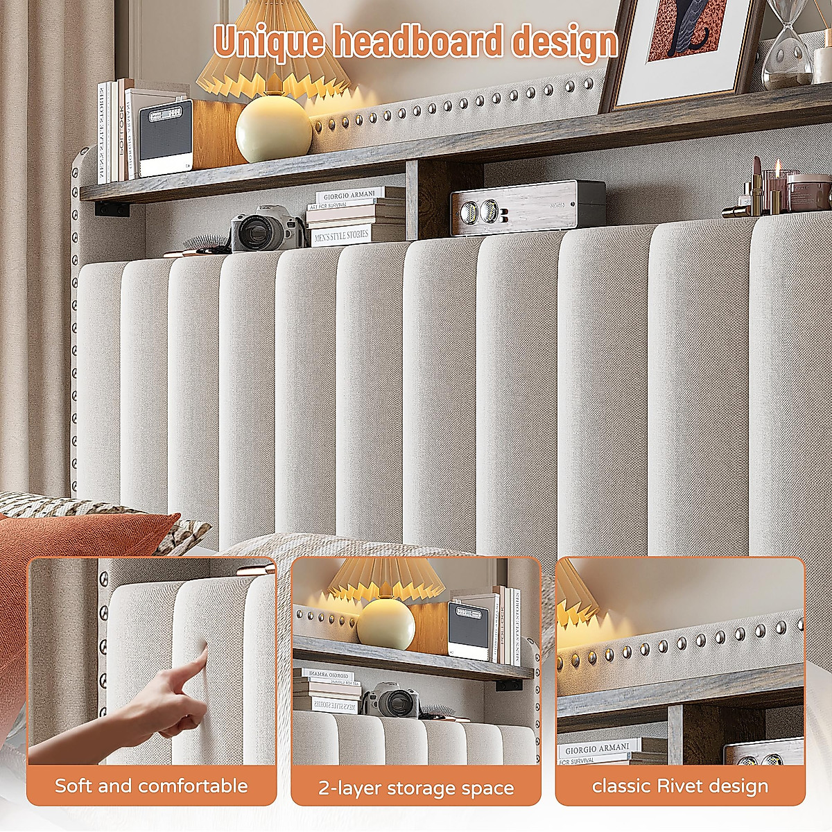 EnHomee Queen Bed Frame with Headboard and 3 Large Drawers, Upholstered Platform Bed Frame Queen Size with Storage, Queen Size Bed Frame with Headboard, Sturdy, No Box Spring Needed, No-Noise, Beige