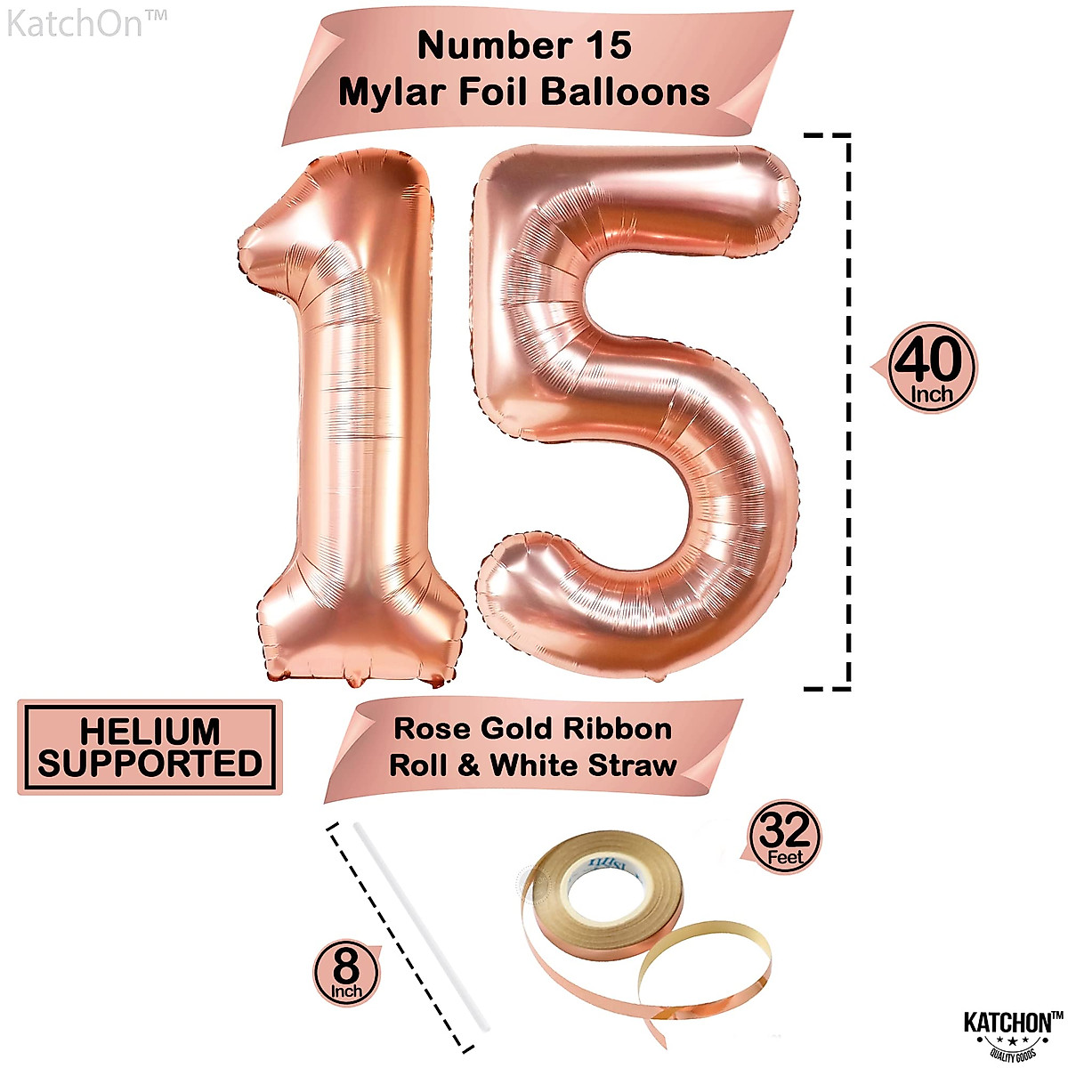 KatchOn, Rose Gold 15 Balloons Number - Giant, 40 Inch | 15 Birthday Balloons with Confetti for Happy 15th Birthday Decorations for Girls | Quinceanera Decorations | 15 Birthday Decorations for Girls