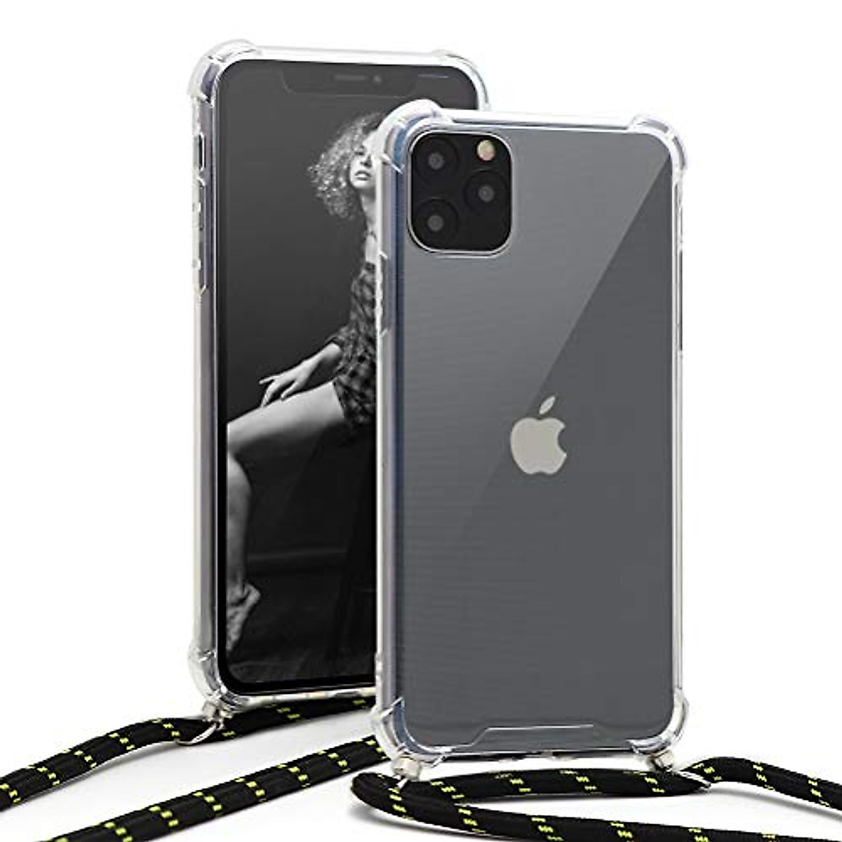 KAPUCTW Necklace Transparent Airbag Case for iPhone 12 Pro/iPhone 12 6.1"- Fashion Clear Cell Crossbody Phone Mobile Cover Holder with Cord Strap Neck Lanyard Protective Shock Bumper, Black Yellow