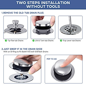 Chrome Plated Universal Tip Toe Tub Stopper and Water Stopper, Pop Up Bathtub Drains Plug, Bathroom Bath Tub Drain Stoppers, Replaces Lift and Turn, Tip-Toe and Trip Lever drains for Tub, EZ Install