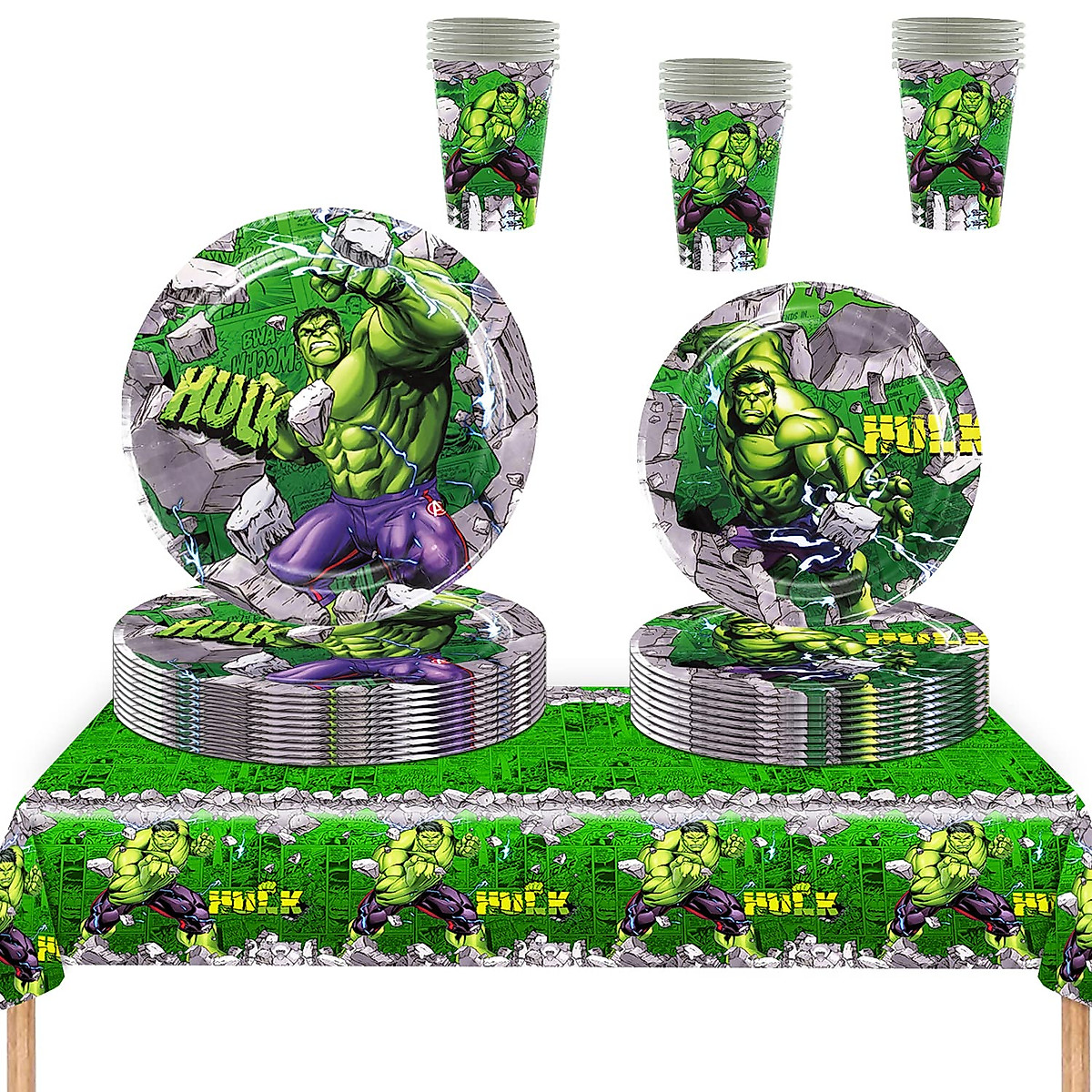 Green Hero Birthday Party Tableware Supplies Set for 16 Guests with Tablecloth, Plates and Cups,Green Hero Party Theme Birthday Baby Shower Party Decorations