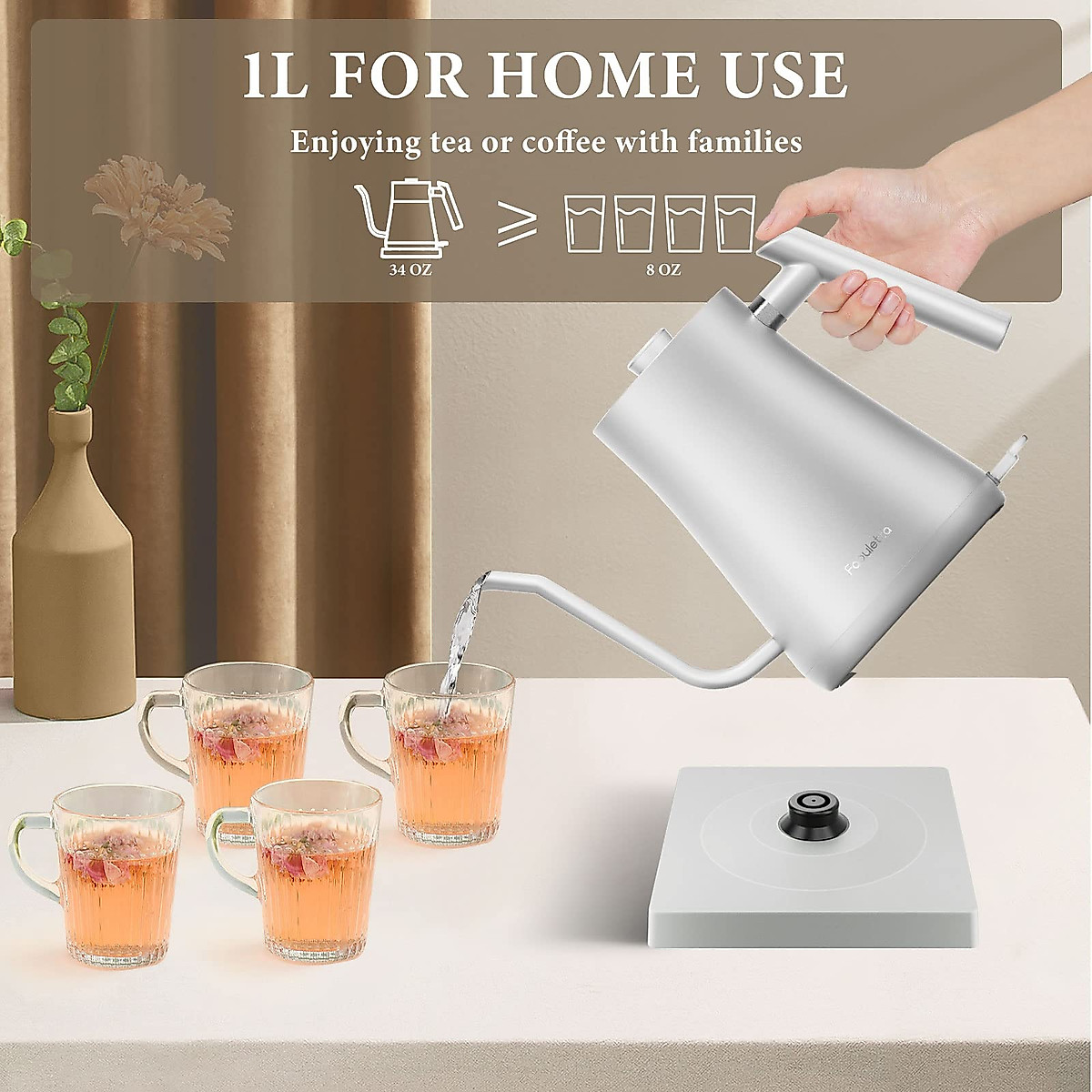 Gooseneck Electric Kettle Fabuletta 1500W Ultra Fast Boiling Water Kettle 100% Stainless Steel for Pour-over Coffee & Tea Leak-Proof Design French Press Boil-Dry Protection 1L (FKT003 Light Grey)