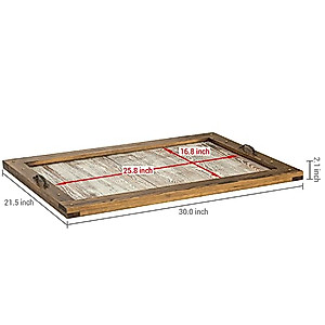 MyGift 30 inch Wood Stove Tray, Solid Burnt Brown and Whitewashed Noodle Board Wooden Stove-Top Cover, Oversized Large Serving Tray with Vintage Metal Handles