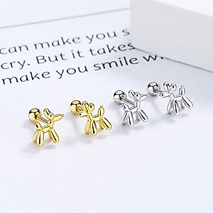 18G Cute Balloon Dog Cartilage Stud Earrings 925 Sterling Silver Gold Plated Lovely Animal Pet Tragus Helix Earring Conch Daith Piercing Studs Post Barbell Bar for Women Hypoallergenic (White Gold)