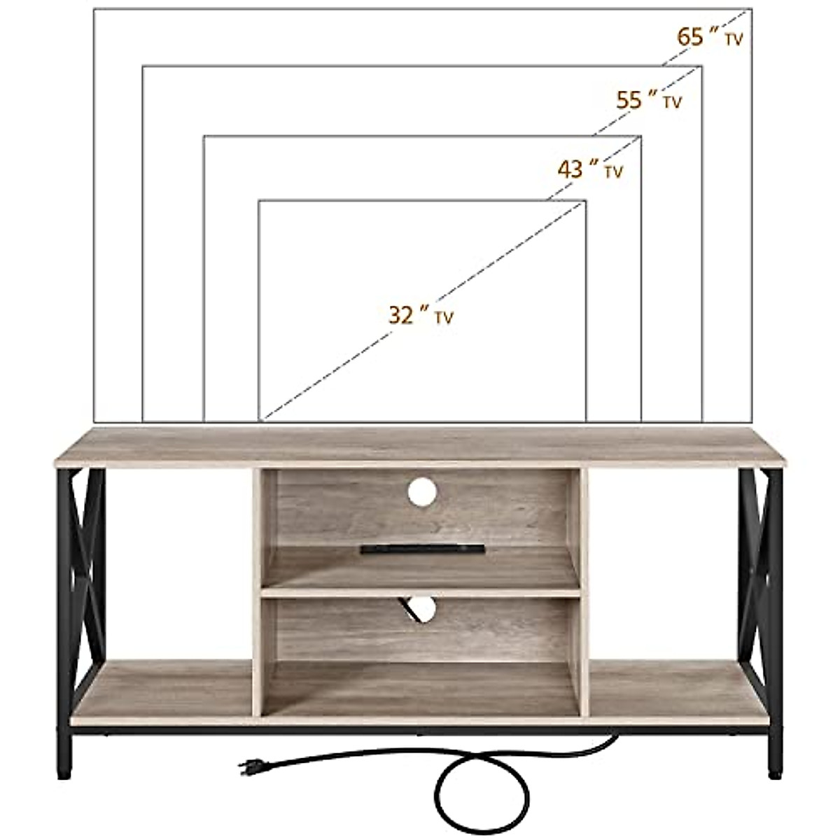 Yaheetech TV Stand for 65 Inch TV, Industrial Entertainment Center TV Console with Power Outlets, Modern TV Cabinet with Open Storage Shelves for Living Room, Gray