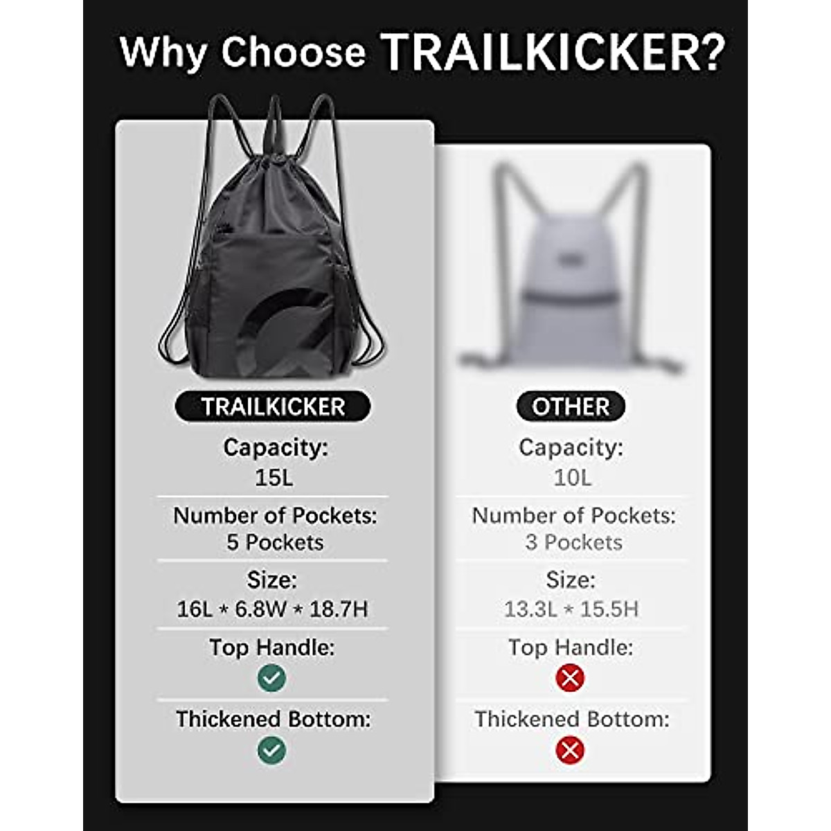 TRAILKICKER Drawstring Backpack Bag Basketball Football Volleyball Mesh Gym Sports String Drawstring Bag Waterproof for Men &Women with Smooth Zipper and Two Mesh Water Bottle Holder (Black)