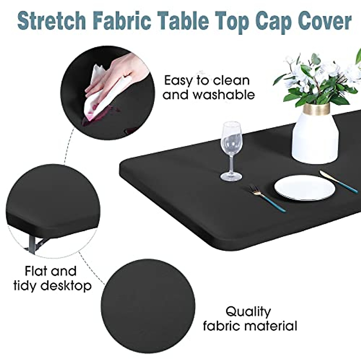 3 Pieces Spandex Tablecloth Stretch Fitted Tablecloth Polyester Fitted Picnic Table Cover Washable Folding Table Cover Rectangle Tablecloth with Elastic for Picnic Party(Black,72 x 30 x 30 Inch)