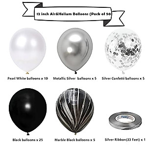 Black White Silver Party Balloons, 50pcs 12 Inch Thicker Marble Black and Pearl White Metallic Confetti Latex Balloons with Ribbon for Birthday Anniversary Decorations