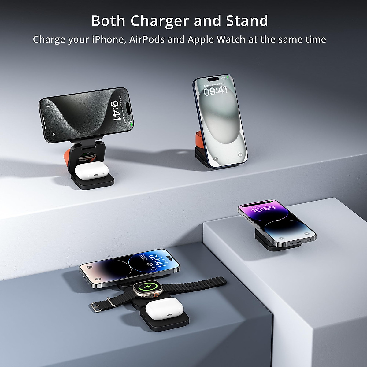 LULULOOK Charging Station for Apple Multiple Devices, Foldable 3 in 1 Charger 15W Aluminum Mag-Safe Travel Charger for iPhone 15 14 13 12 Pro/Max/Plus, 5W Fast Charging for Apple Watch, AirPods
