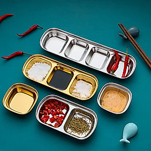 SOUJOY 4 Pcs Stainless Steel Sauce Dish, Divided Seasoning Sauce Dip Bowl, 1/2/3/4 Compartment Korean Ketchup Sauce Bowl, Vinegar Soy Spice Condiment Tray for Home Restaurant