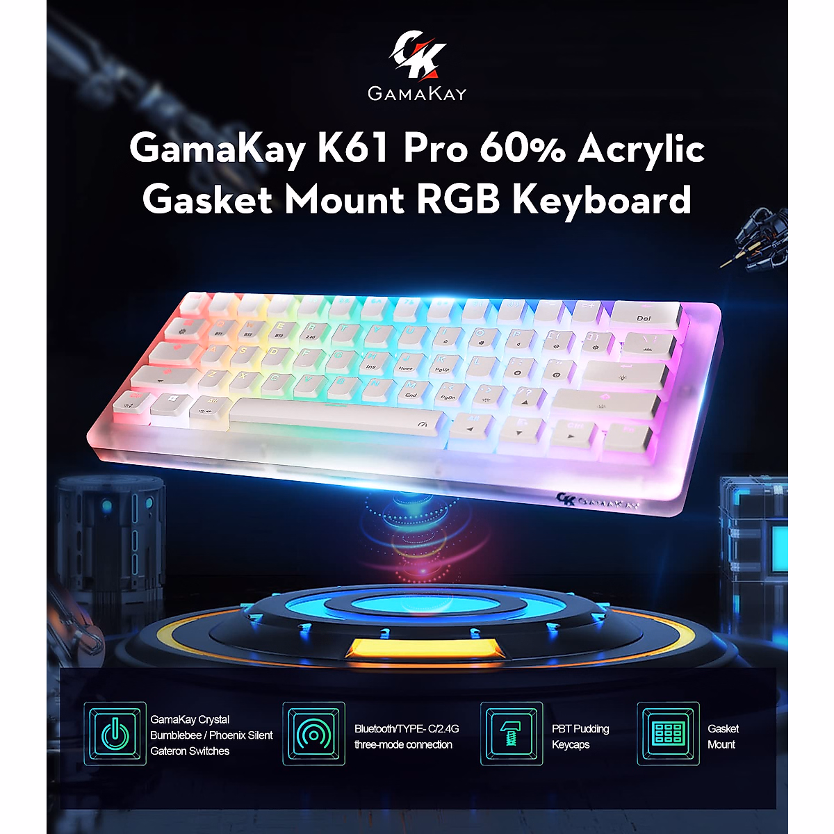 GK GAMAKAY K61 Pro 60% RGB Gasket Mechanical Keyboard, Bluetooth/USB-C Wired/2.4GHz Wireless 61 Keys Hot Swap Gaming Keyboard with CNC Acrylic Base Pudding PBT/ABS Keycaps (Gateron Red Switch)