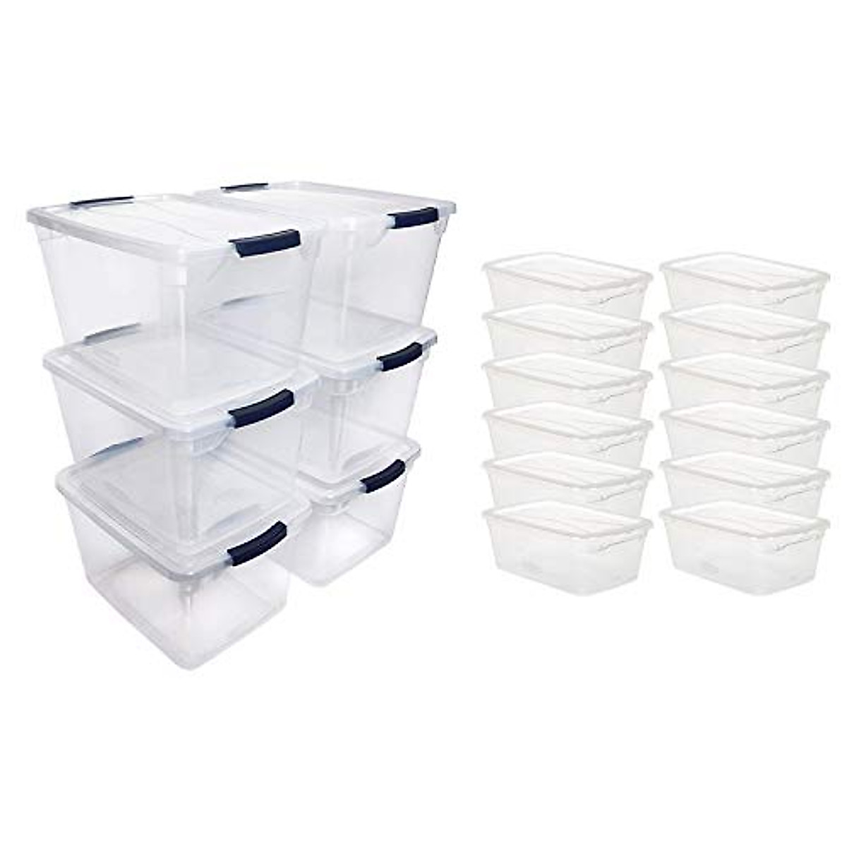 Rubbermaid Cleverstore Home Office Organization (6) 30 Qt & (12) 6 Qt Latching Stackable Plastic Storage Tote Container with Lid, Clear