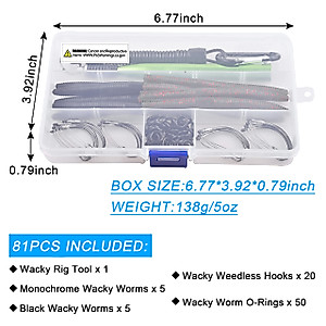 Wacky Rig Worm Hooks Fishing Tool Kit, 81PCS Fish Worm O Rings Set Weedless Hook for Largemouth and Smallmouth Bass Fishing