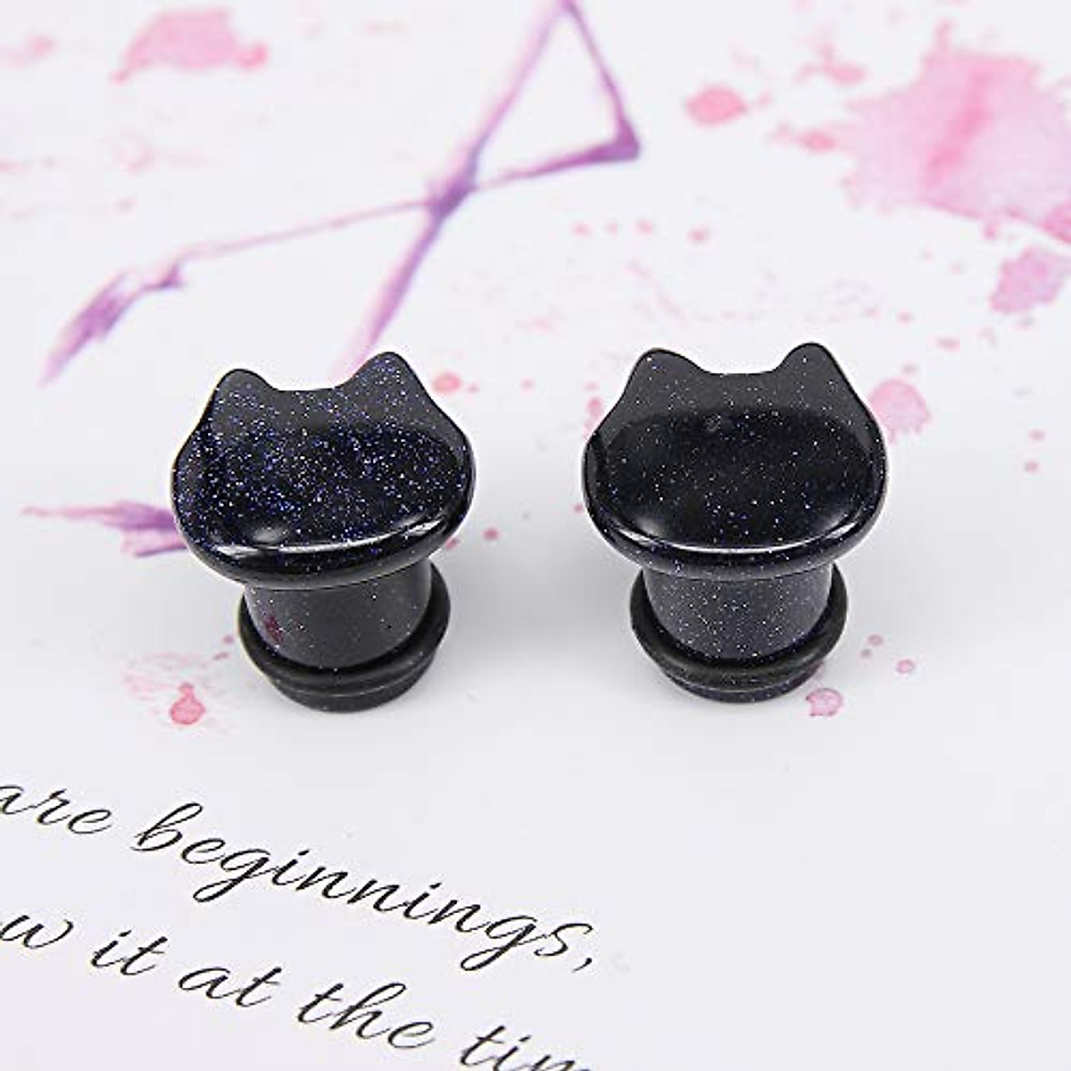 Cute Cat Natural Organic Stone Ear Plug Single Flare Ear Tunnel Gauge Stretcher Ear Expander Piercing 2g-5/8 (Blue Sandstone, Gauge=2g(6mm))