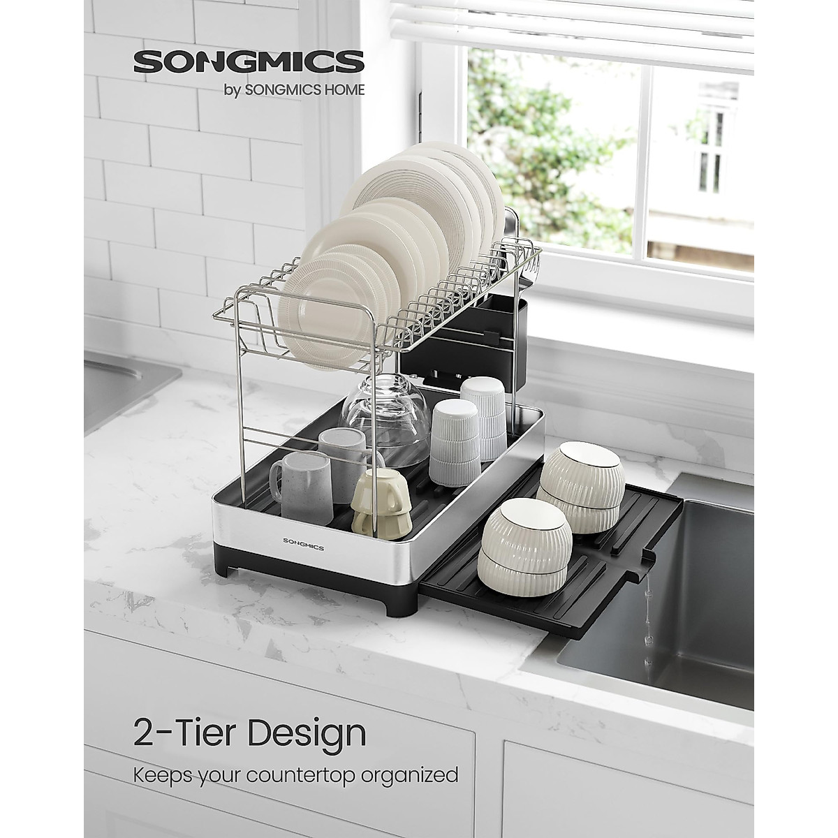SONGMICS 2-Tier Small Dish Drying Rack, Expandable Dish Dryer for Kitchen Counter, Stainless Steel Dish Rack with Utensil Holder, Rustproof, for Dishes, Knives, Spoons, Forks, Silver Black UKCS036B01
