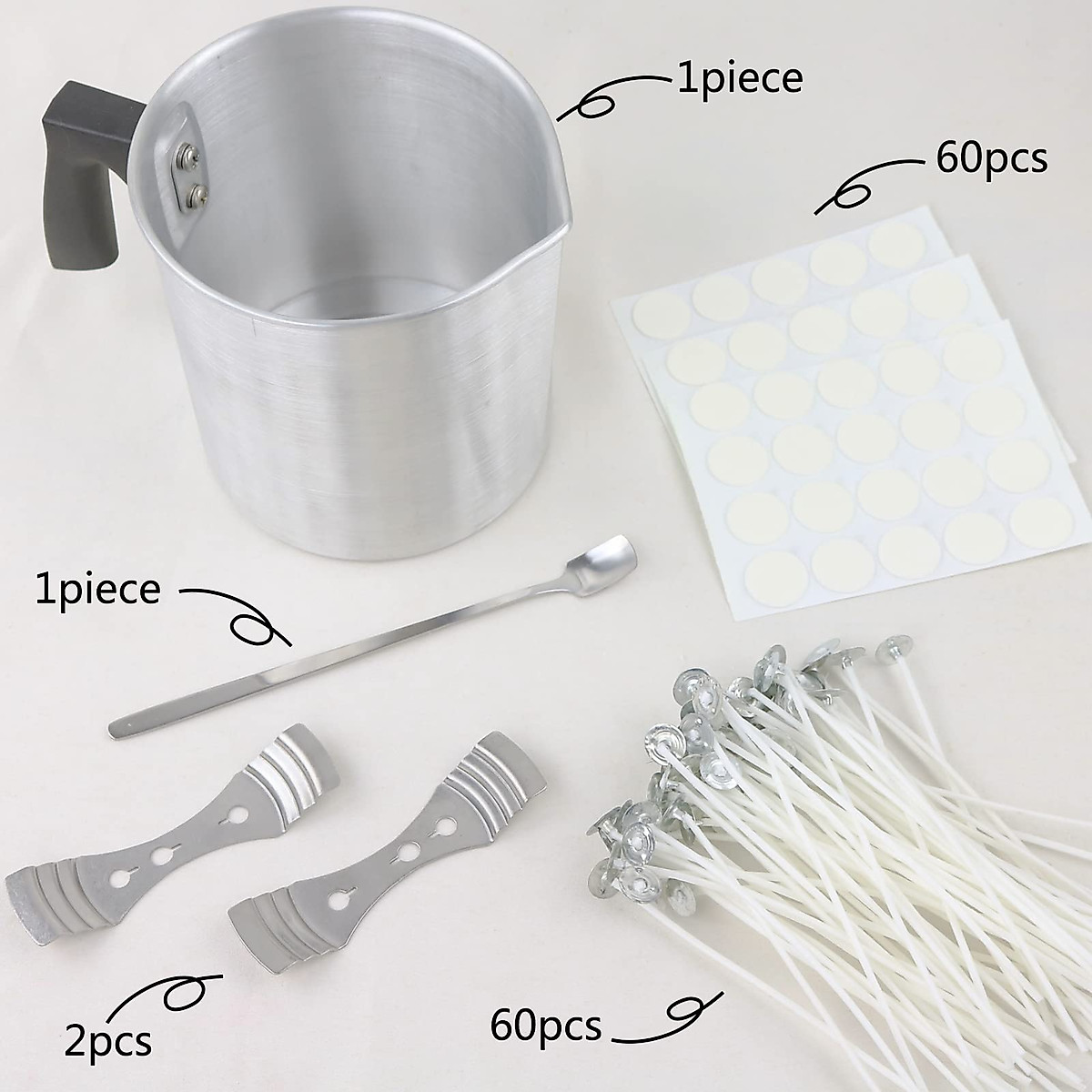 EricX Light Candle Making Kit, 60pcs Candle Wicks, 60pcs Candle Wicks Sticker, 1pc Candle Wax Pouring Pot, 2pcs 3-Hole Wicks Centering Devices, 1pc Mixing Spoon, DIY Candles Craft Tools