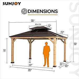 Sunjoy Hardtop Gazebo 11' X 13' Cedar Framed Wood Gazebo with Brown Double Steel Hardtop Roof Permanent Canopy for Garden, Backyard Shade