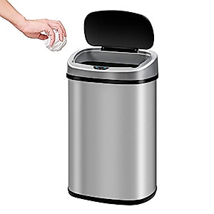 13 Gallon Kitchen Trash Can Automatic Stainless Steel Garbage Can Touch Free Trash Can with Lid Motion Sensor Waste Bin for Kitchen Home Office Living Room Bedroom