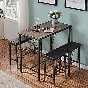 O&K FURNITURE Bar Table and Chairs Set of 4, Industrial Dining Table Set with Glass Holder, Kitchen Table with Upholstered Bench and Stools, Counter Height Pub Table Set for Small Space(Gray)
