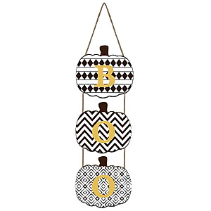 Soaoo Halloween Wood Boo Sign for Front Door Black and White Hanging Porch Sign Boo Pumpkins Door Hanger Wall Decor Wooden Black and White Pumpkin Sign Plaque for Halloween Party Decoration